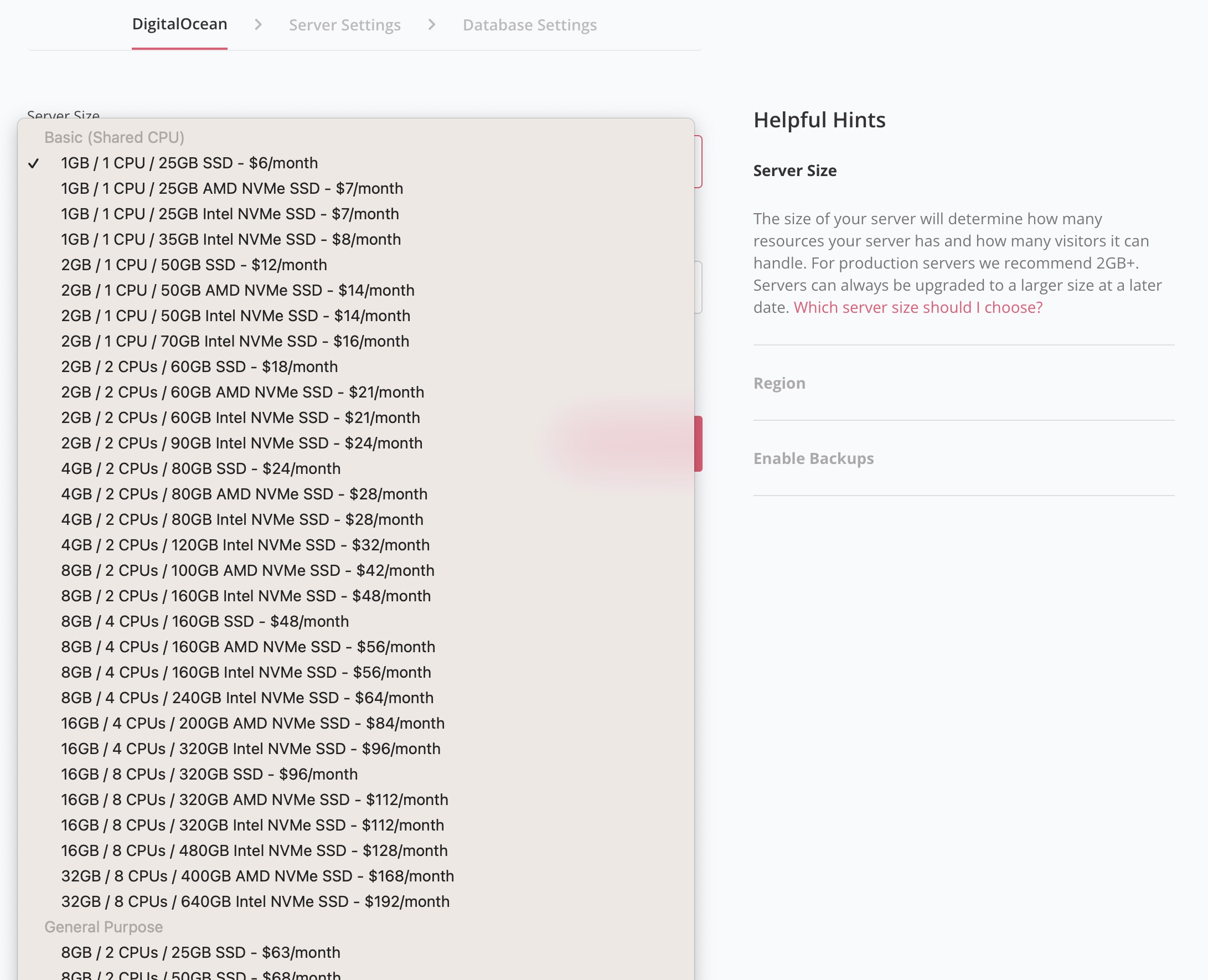 Improved server size selection - SpinupWP